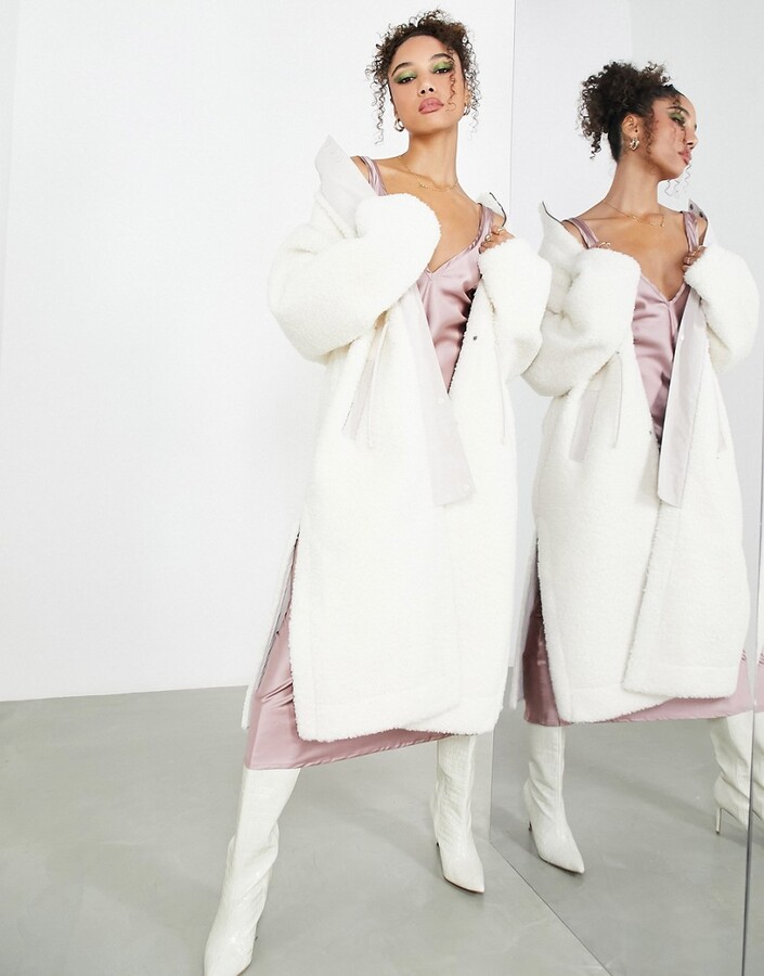 ASOS EDITION borg funnel neck coat with drawstring in cream - ShopStyle