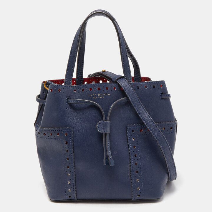 Tory Burch Dark Blue Brogue Leather Mini Block-T Bucket Bag - ShopStyle