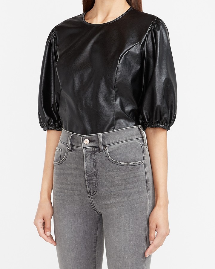 Express Vegan Leather Puff Sleeve Top - ShopStyle