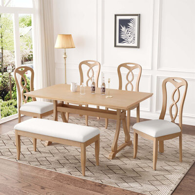 Mercer41 Retro 6-Piece Trestle Dining Table Set With Upholstered Dining Chairs And Dining Bench ...
