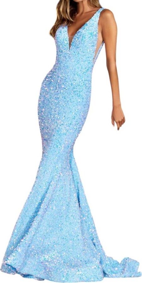 Sherri Hill Dazzling V-Neck Low Open Back Panel Dress In Light Blue ...