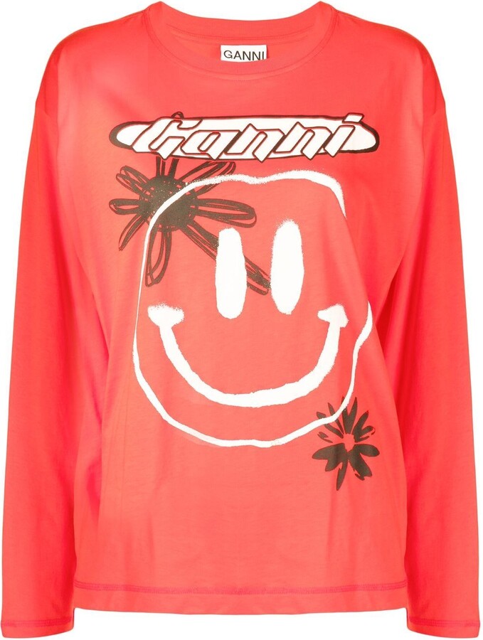 Ganni smiley logo organic-cotton T-shirt - ShopStyle