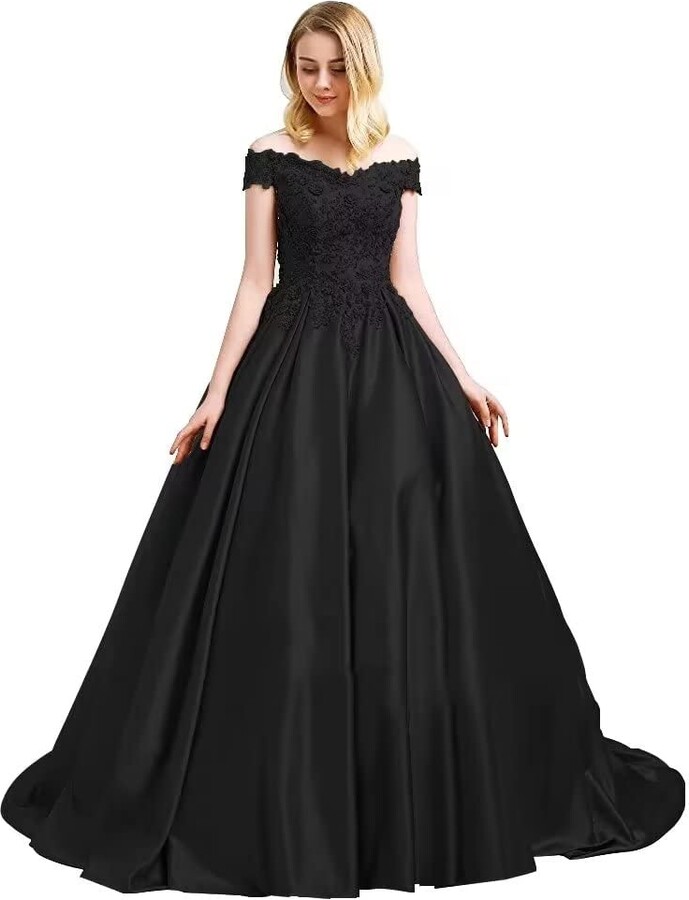 Generic Off Shoulder Satin Prom Dress Black Long Lace Applique Formal Evening Gowns for Women ...