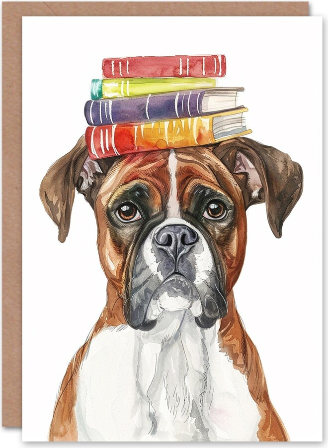 Artery8 Birthday Card Boxer Dog Pet with Book Stack on Head For Son ...