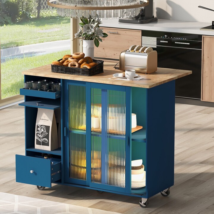 NINEDIN Multifunction Kitchen Island w/ Drop Leaf & LED Light, Buffet ...