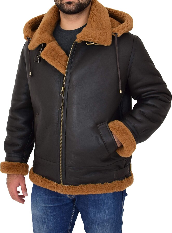 A1 FASHION GOODS Mens Real Sheepskin Flying Jacket Hooded Brown Ginger ...