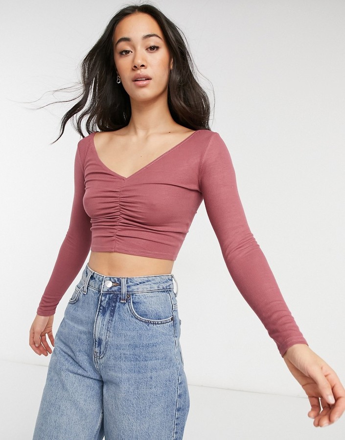 ASOS DESIGN top with v-front and back and ruching in burgundy - ShopStyle