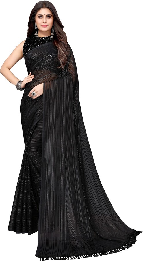 Mithila Root Black Solid Georgette Sequence Sari Women Party Wear ...