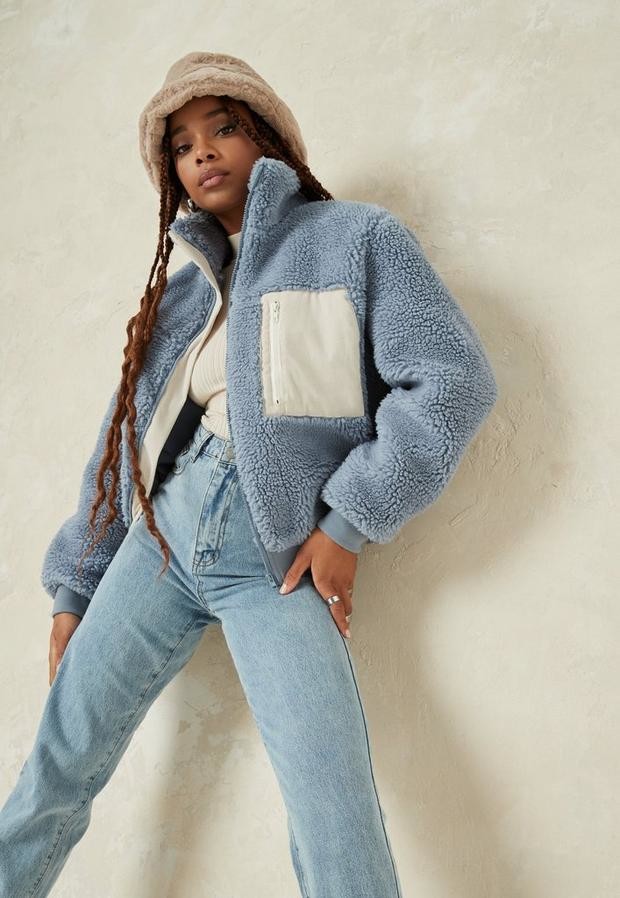 Missguided Blue Borg Teddy Cord Mix Jacket - ShopStyle