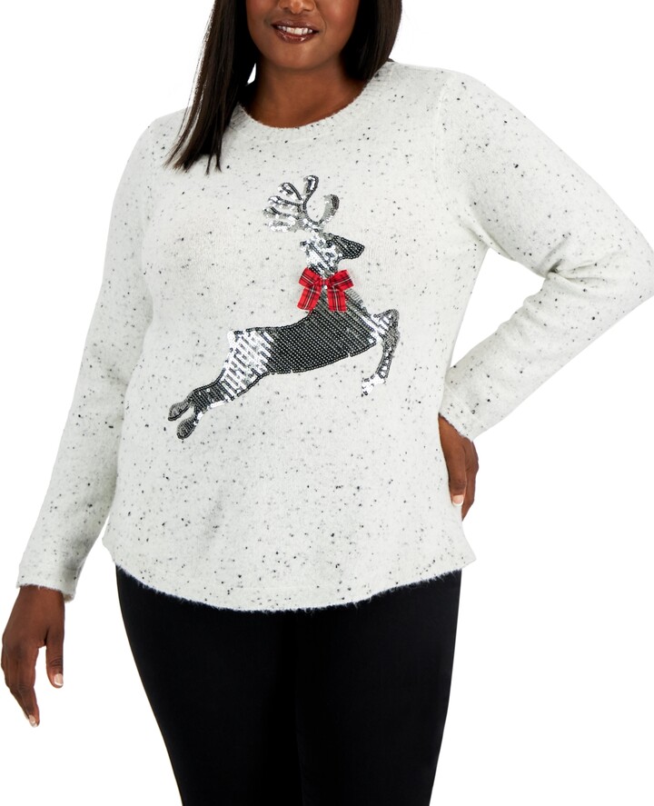 Karen Scott Plus Size Sequined Reindeer Sweater, Created for Macy's ...