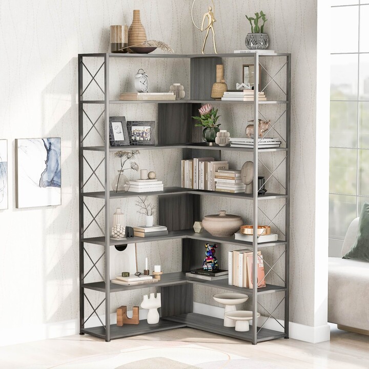 Industrial 7-Tier L-Shaped Corner Storage Bookcase Bookshelf - ShopStyle