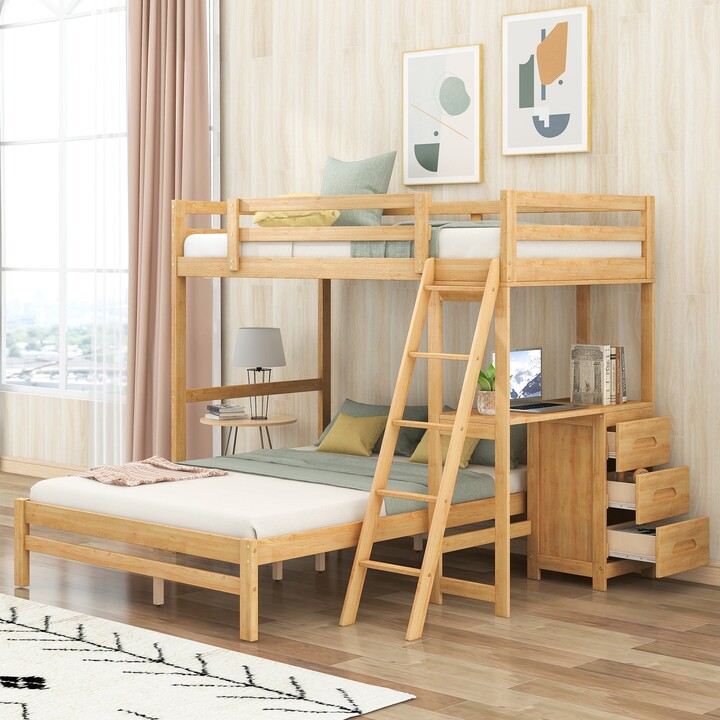 EDWINRAY Natural MDF Twin over Full Bunk Bed with Three Drawers and ...