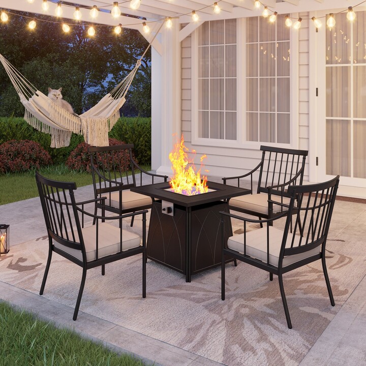 Cocam 5-Piece Patio Dining Set Gas Fire Pit Table & 4 Dining Cushioned ...