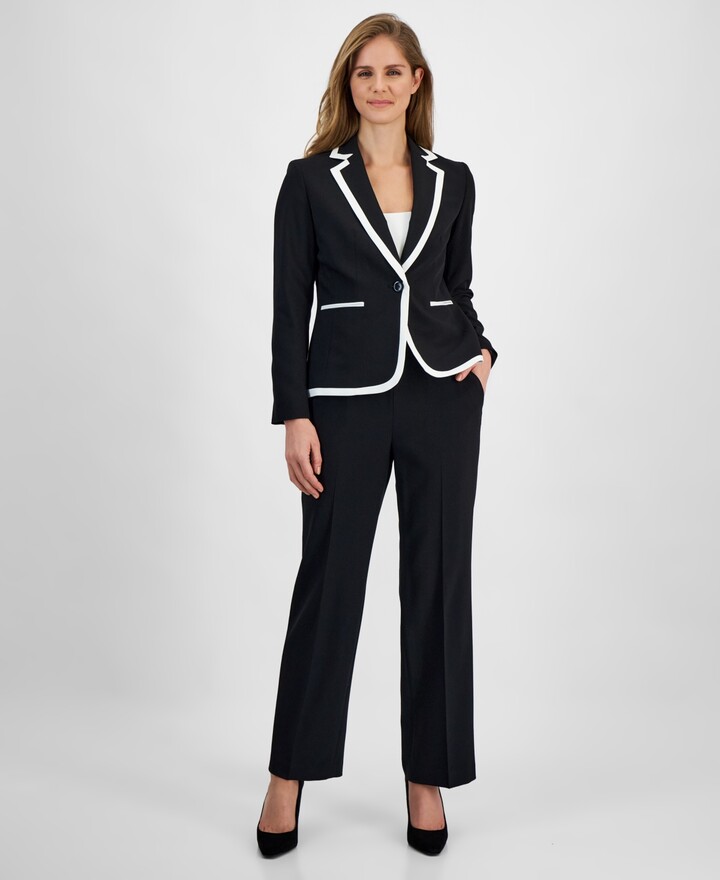 Le Suit Contrast-Tipped Pant Suit Regular & Petite Sizes - Black ...