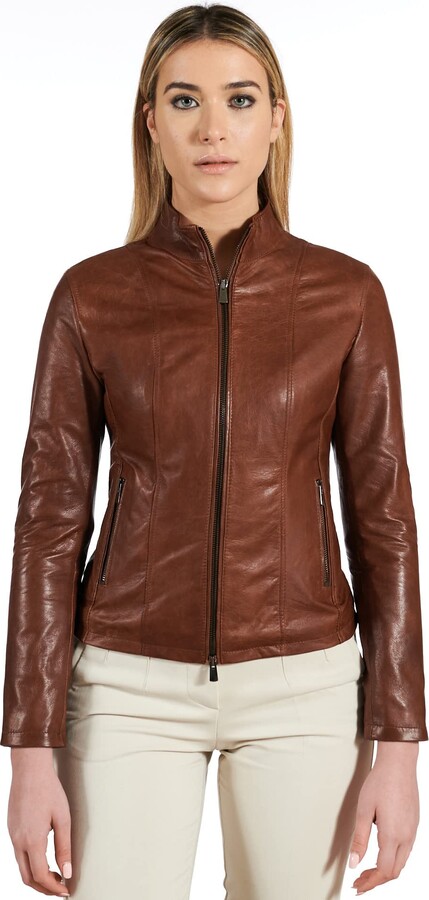 D'Arienzo Women Italian Genuine Leather Biker Jacket Tan Quilted ...