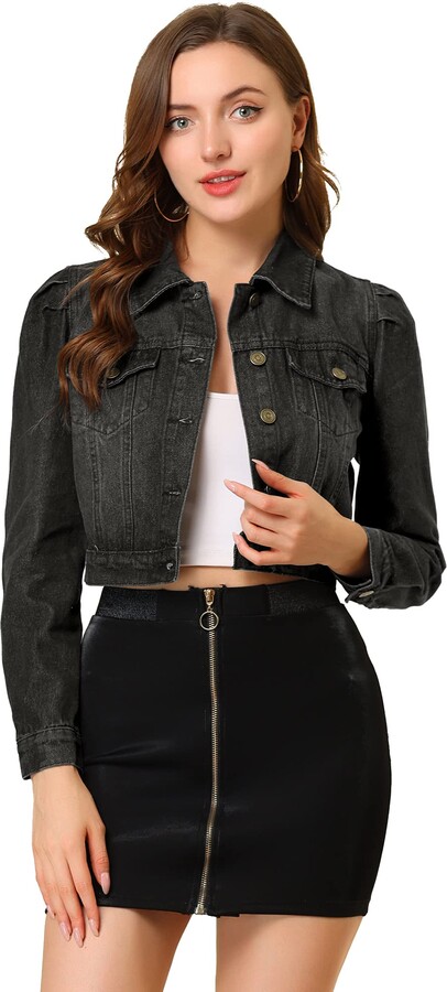 Allegra K Women's Cropped Jean Jacket Button Down Puff Sleeve Denim ...