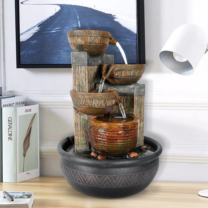 Meedzom 4-Tier Indoor Tabletop Waterfall Fountain with Lights, Resin ...