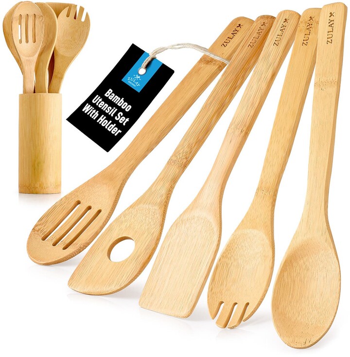 Zulay Kitchen Bamboo Cooking Utensils With Holder 6-Piece Set ...