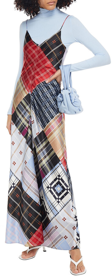 Ganni Patchwork-effect Checked Stretch-silk Satin Maxi Slip Dress ...