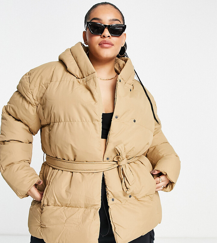 Threadbare Curve Threadbare Plus Stanley tie waist mid length puffer ...
