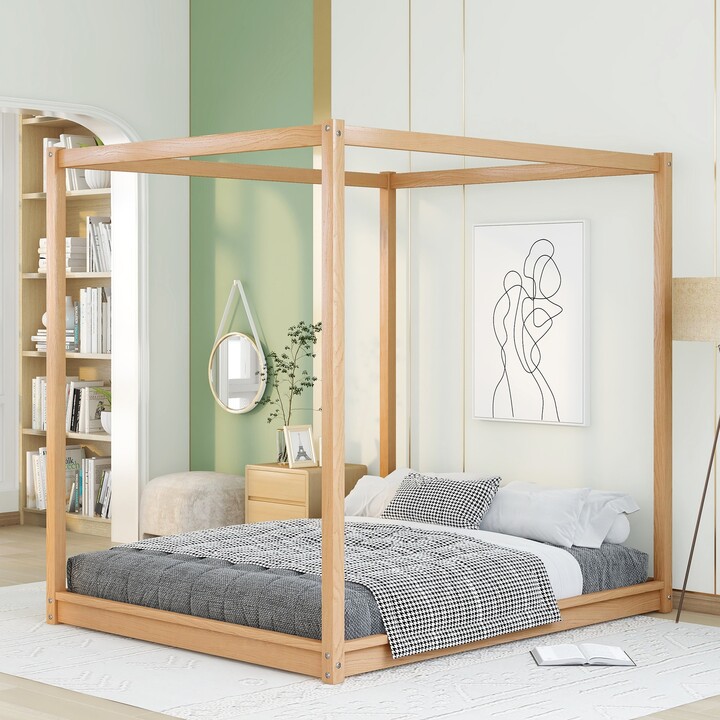 NINEDIN Canopy Bed Floor Bed, 4-Post Canopy Platform Bed Frame with ...