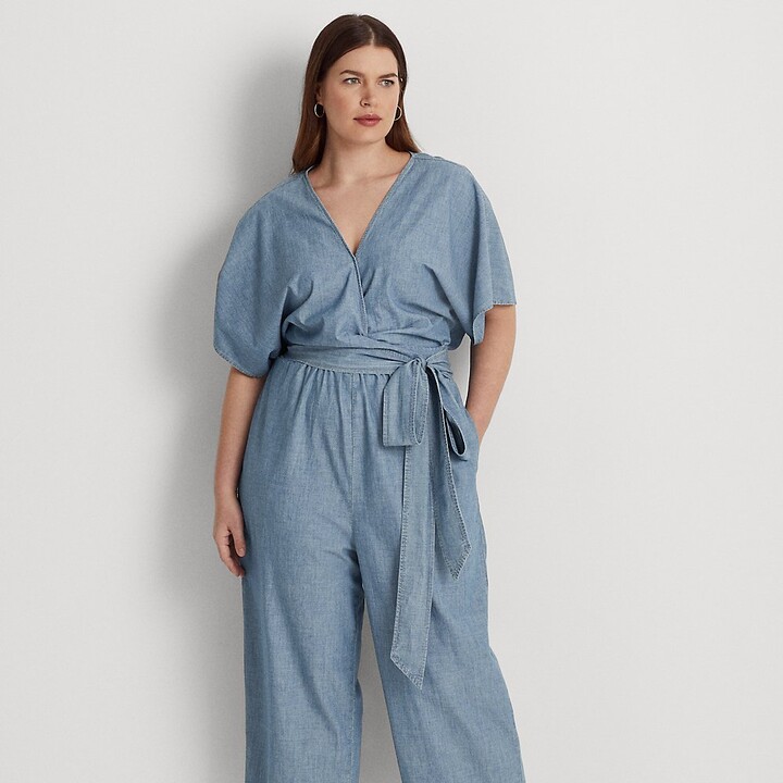 Lauren Woman Ralph Lauren Belted Chambray Wrap Jumpsuit - ShopStyle