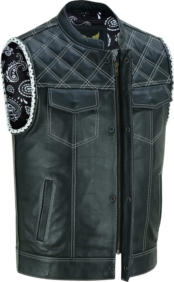 Leatherick Mens Black Leather Motorcycle Vest - Traditional Satin ...