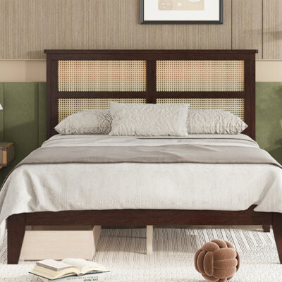 Dakota Fields Full Size Bed With Rattan Headboard, Two Storage Drawers, Rubber Wood Bed With ...