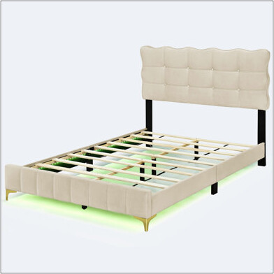 Wrought Studio Full Size Velvet Platform Bed with LED Frame and Stylish ...