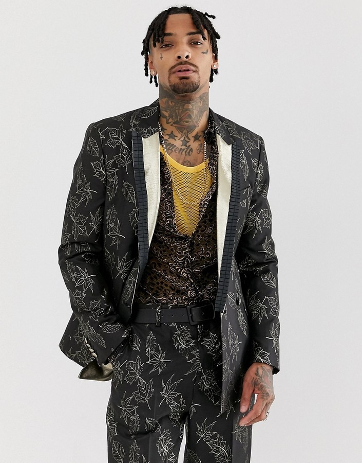 ASOS EDITION slim suit jacket in gold and black floral jacquard - ShopStyle