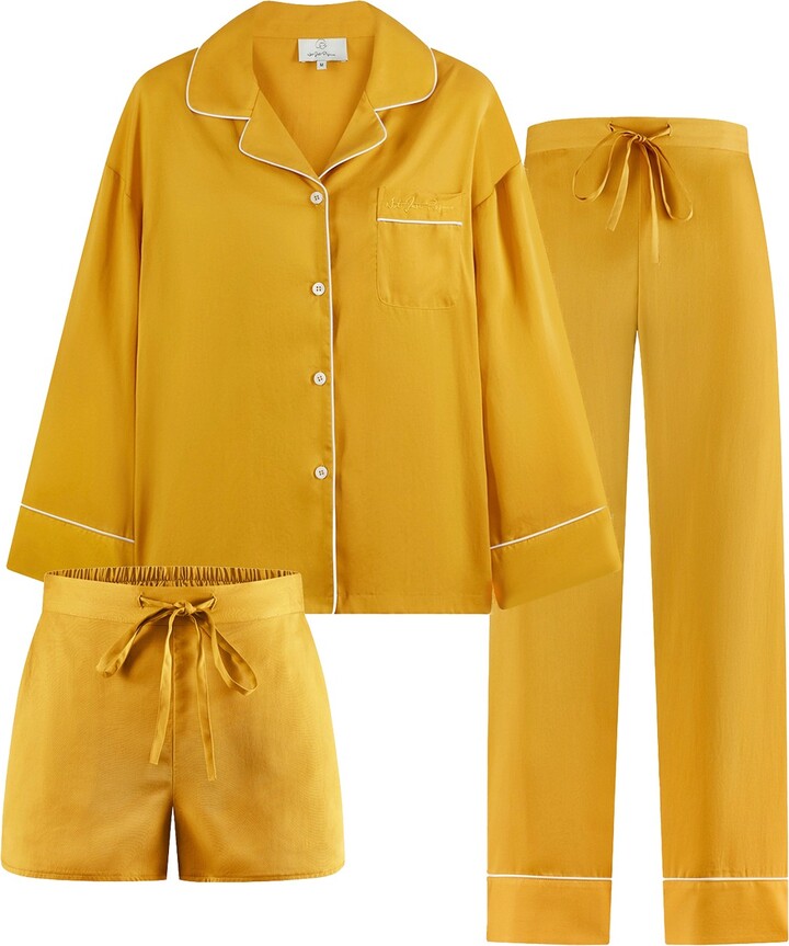 NOT JUST PAJAMA - Women 3-Piece Tencel Pajamas Set - Yellow & Orange ...