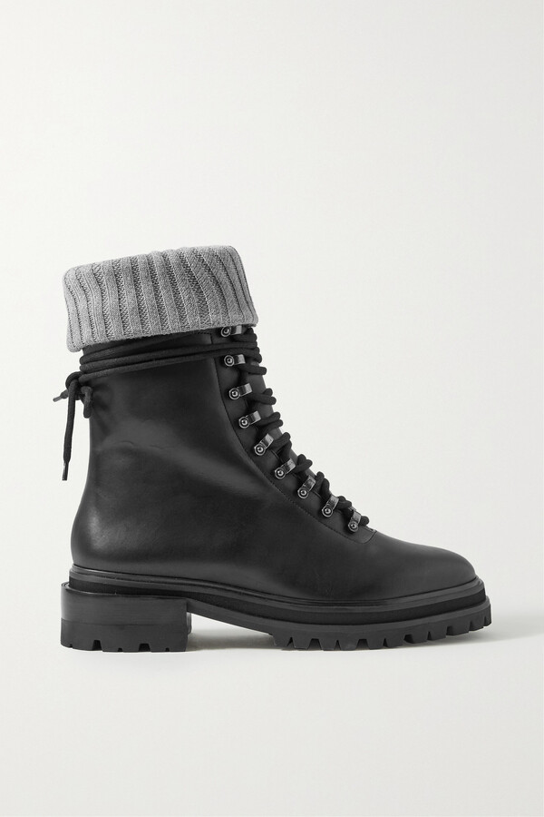 PORTE & PAIRE Ribbed-knit Trimmed Leather Combat Boots - Black - ShopStyle