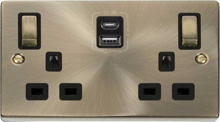 SE Home Antique Brass 2 Gang 13A DP Ingot Type A & C USB Twin Double ...