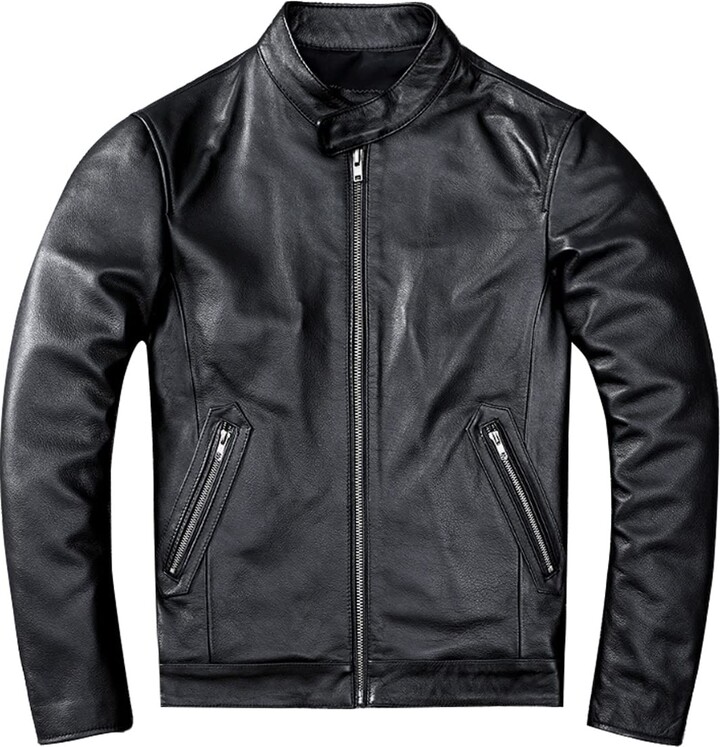 BONNETO Men's Black Leather Jacket - Lightweight Classic Zip-up Cafe ...