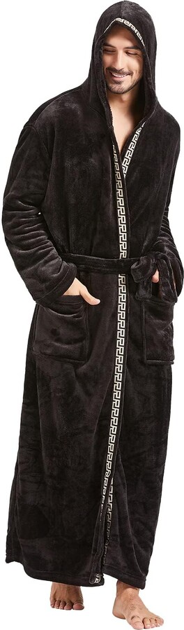 FashGudim Men's Hooded Plush Robe with Black Trim Full Length Plush Long Robe for Men Big and ...