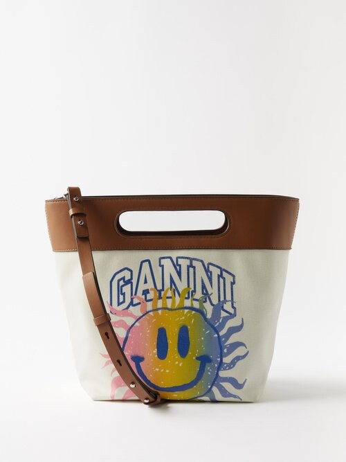 Ganni Smiley-print Leather-trimmed Canvas Tote Bag - ShopStyle