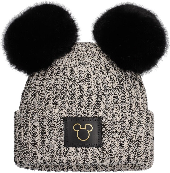 Women's Love Your Melon Mickey Mouse Black Outline Speckled Cuffed Knit Hat with Double Pom ...