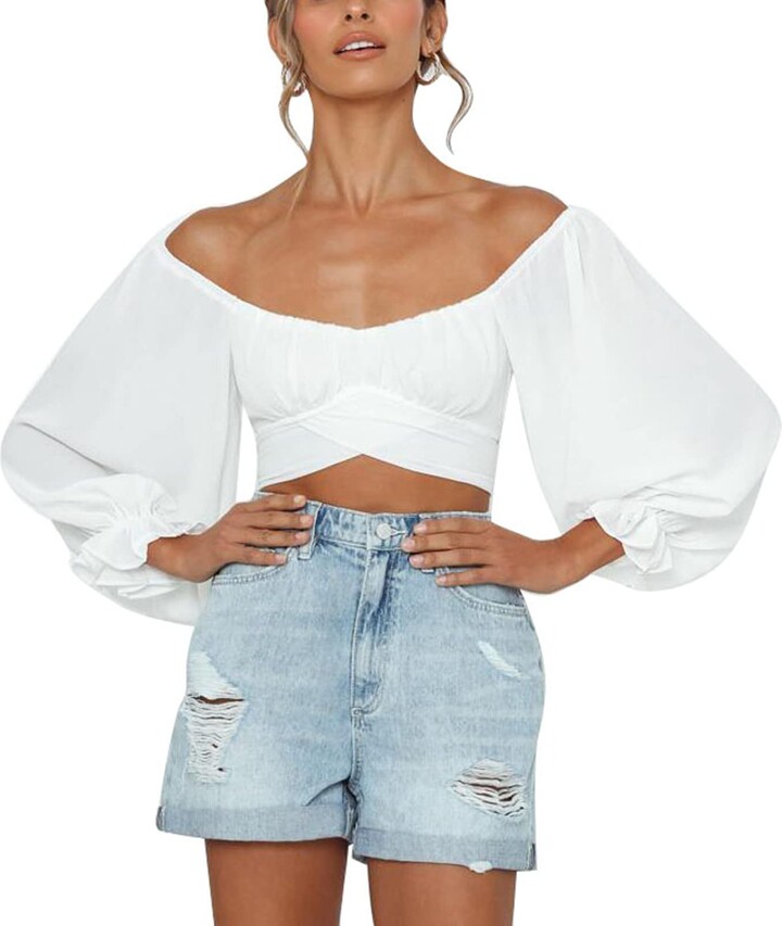 Ausla Women Off Shoulder Ruffle Wrap Crop Top - ShopStyle
