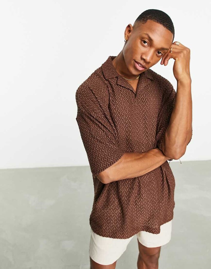 ASOS DESIGN oversized revere polo shirt in brown texture - ShopStyle