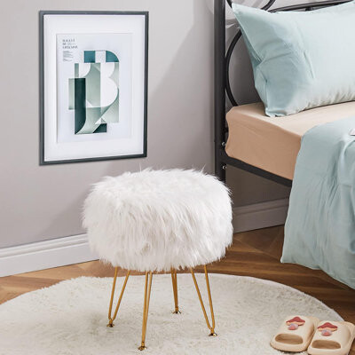 Mercer41 Faux Fur Storage Ottoman Round Furry Vanity Stool Marble Grain ...