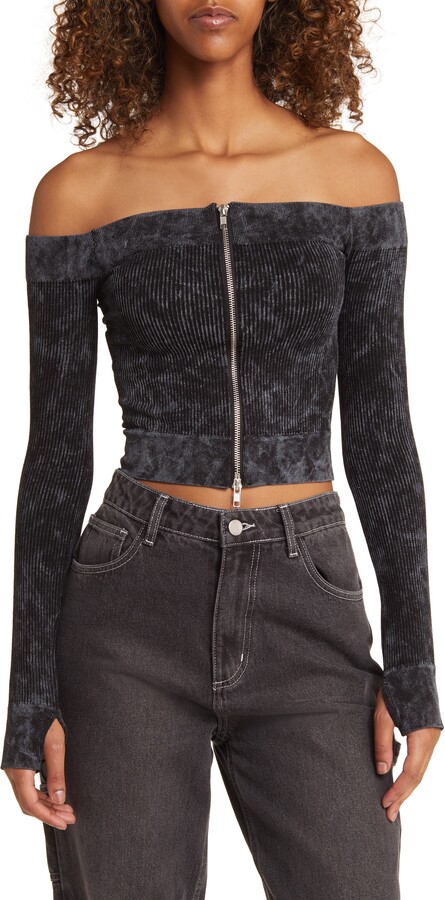 BDG Bardot Rib Off the Shoulder Zip Up Crop Top - ShopStyle