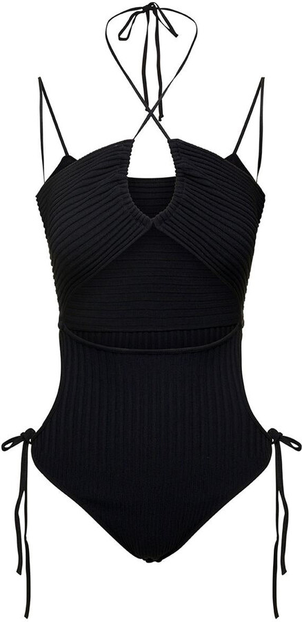 ANDREĀDAMO Black Ribbed Body-Suit with Cut-Out Detail and Halterneck in ...