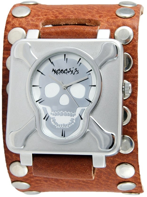Nemesis Men's Silver Skull and Crossbones Studded Leather Cuff Band ...