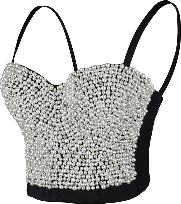 ELLACCI Sexy Pearls Beaded Rhinestone Bustier Crop Top Push up Corset Top Detachable Straps ...