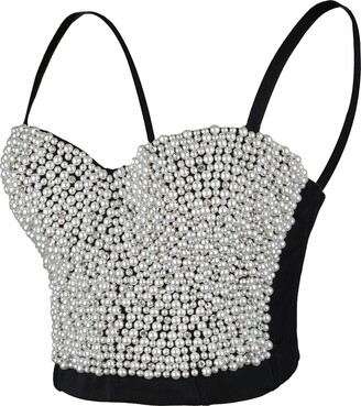 ELLACCI Sexy Pearls Beaded Rhinestone Bustier Crop Top Push up Corset ...