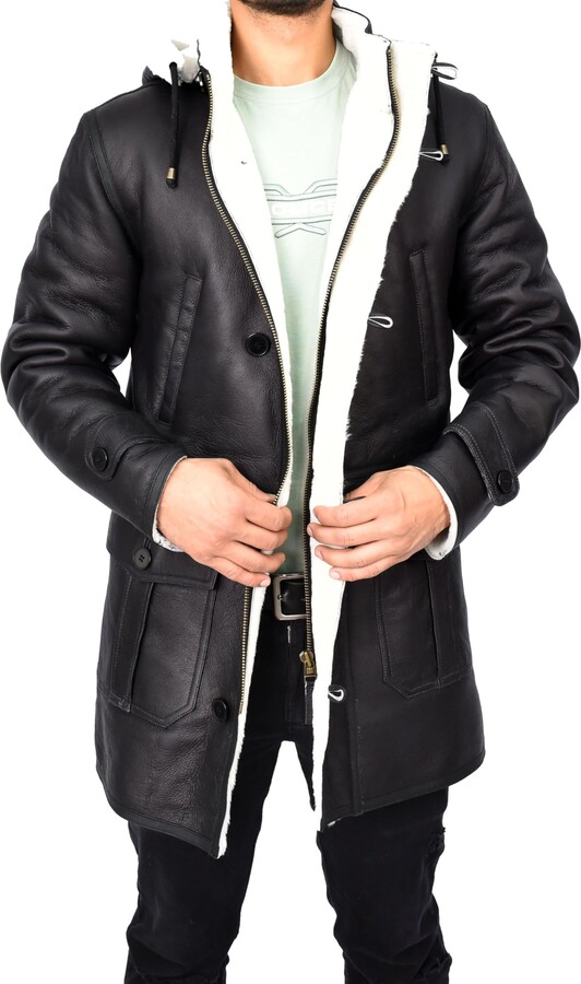 Divergent Retail Men's 3/4 Length Real Sheepskin Duffle Coat Hooded Jacket Arn (UK - ShopStyle