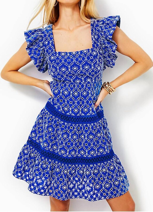 Lilly Pulitzer Morrie Ruffle Sleeve Eyelet Dress In Blue Grotto Flutter ...
