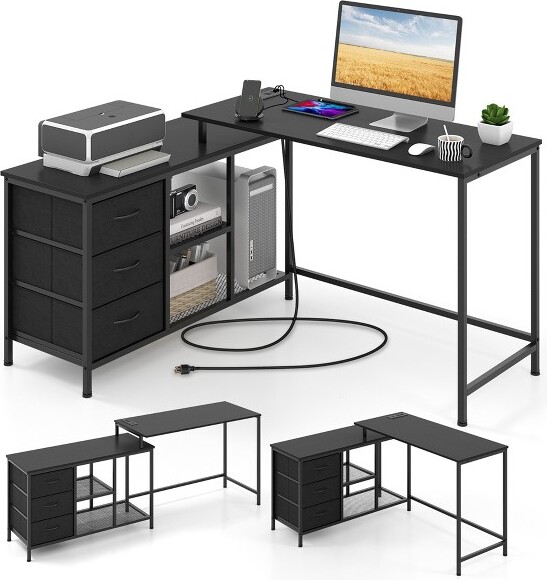 Costway L-shaped Computer Desk with Power Outlet, Fabric Drawers, Metal ...