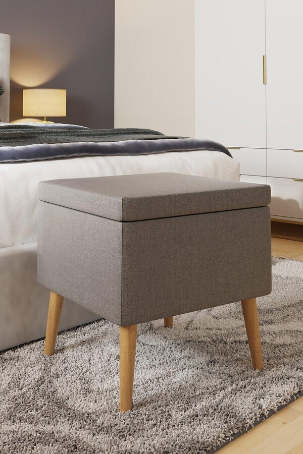 FWStyle Grey Linen Ottoman Footstool Storage Seat With Solid Wooden ...