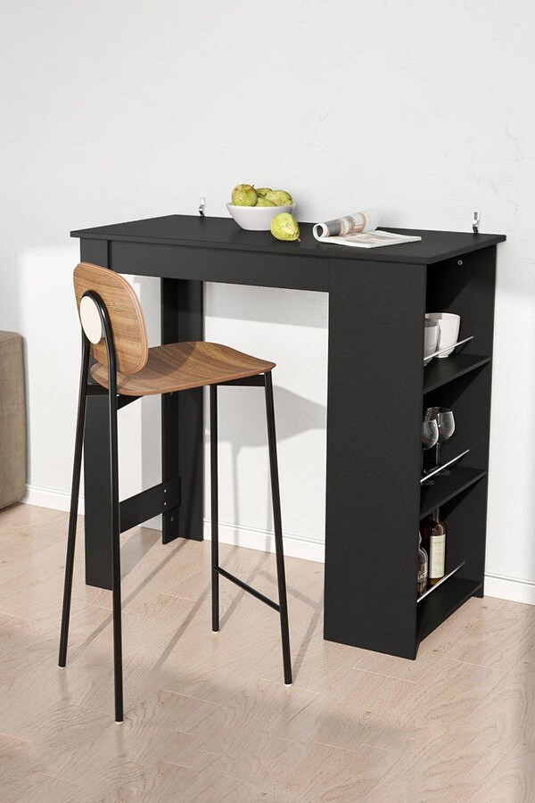 Living and Home Black Modern Chipboard Bar Table with 3 Storage Shelves ...